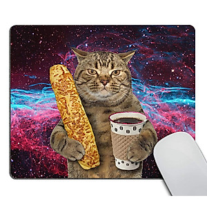 Smooffly Funny cat Mousepad,The Cat is Holding a Cup of Black Coffee and a Baguette with Galaxy Design Customized Rectangle Non-Slip Rubber Mousepad Gaming Mouse Pad
