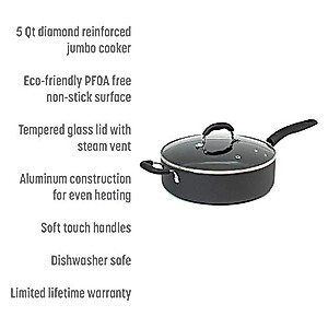 Goodful Aluminum Non-Stick Sauté Pan Jumbo Cooker with Helper Handle and Tempered Glass Steam Vented Lid, Made Without PFOA, Dishwasher Safe, 5-Quart, Charcoal Gray