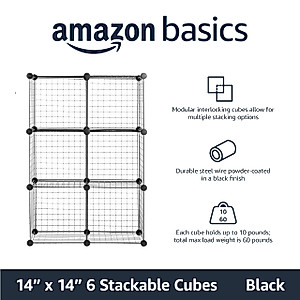 Amazon Basics 6-Cube Wire Grid Storage Shelves, 14" x 14" Stackable Cubes, Black