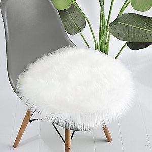 LOCHAS Super Soft Round Seat Cushion Faux Fur Sheepskin Chair Cover Pad Plush Rugs for Living Bedroom Sofa Couch, 18''x18'' White