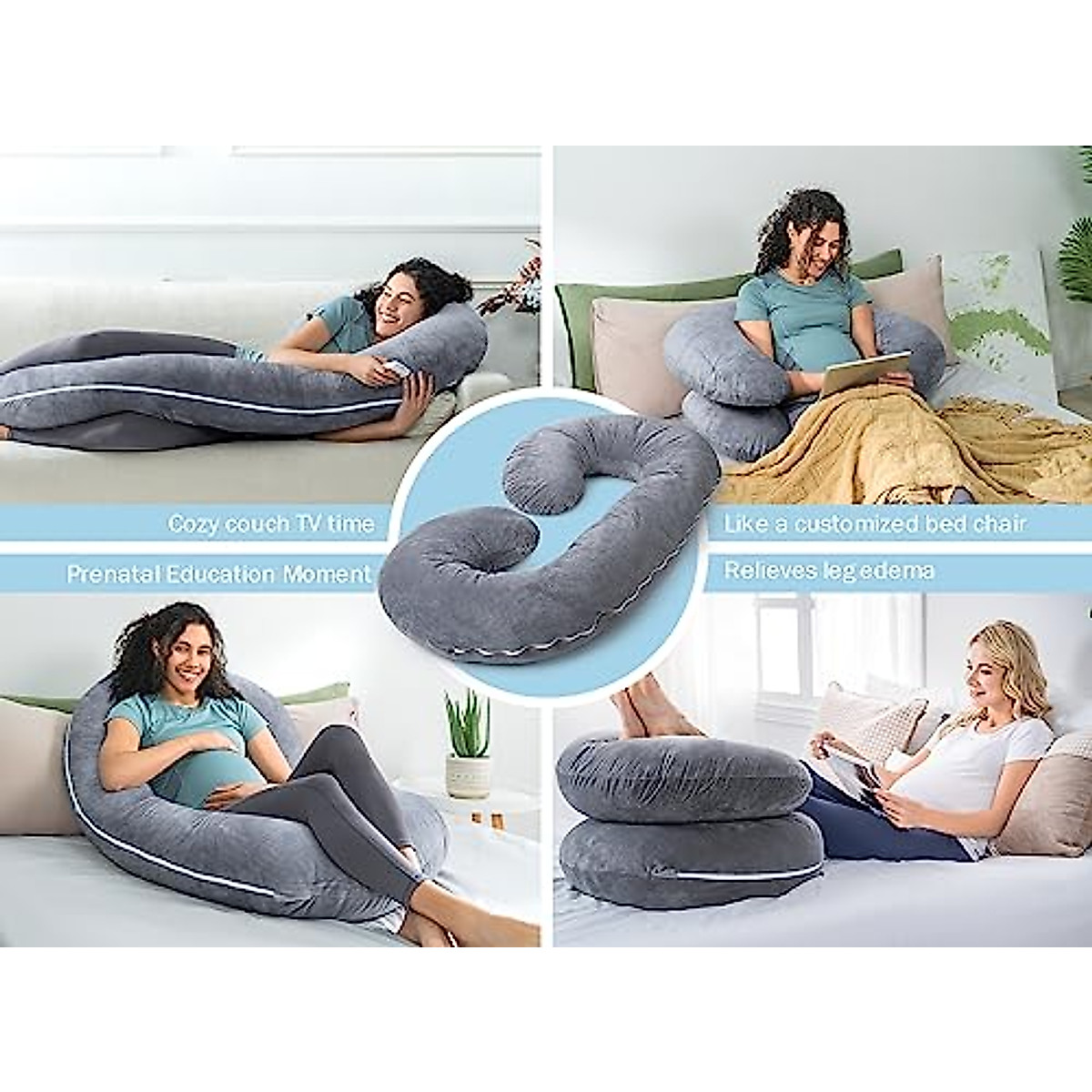 INSEN Pregnancy Pillows, C Shaped Pillows for Sleeping Support, Maternity Body Pillow Pregnant Women with Removable Velvet Cover, Gray, 58 Inch