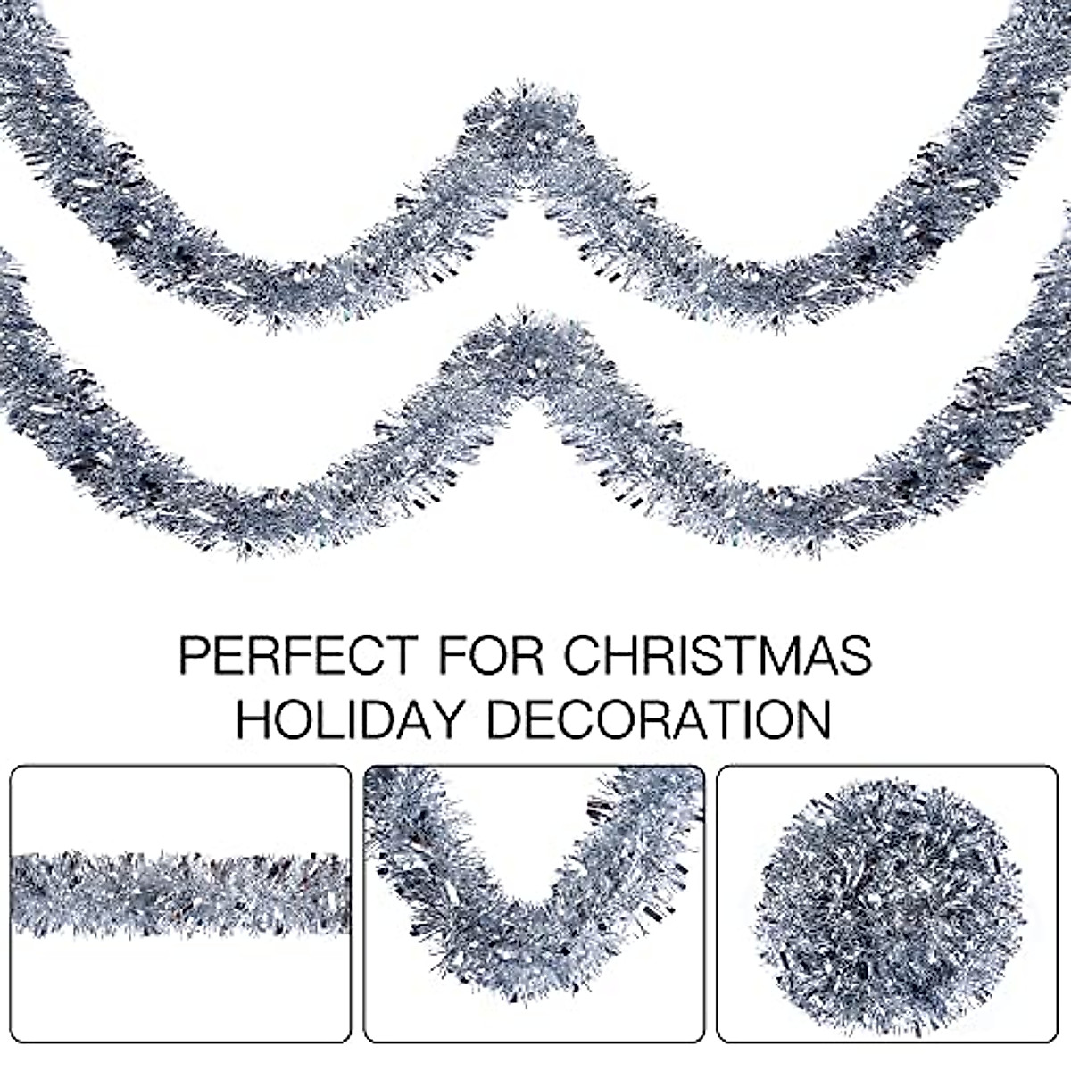 Sggvecsy 49.2Ft Christmas Silver Tinsel Garland Xmas Tree Decorations Christmas Metallic Twist Garland Ceiling Hanging Decorations for New Year Party Birthday Holiday Indoor Outdoor Supplies