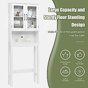Giantex Over-The-Toilet Storage Cabinet W/Tempered Glass Doors, 3-Position Adjustable Shelf, Open Center Area, Anti-Tilt Design for Most Toilets Freestanding Bathroom Space Saver