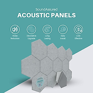 Hexagon Acoustic Panels for Sound Dampening - 12 Pack Self Adhesive Sound Absorption Panels - Eco Friendly Acoustic Treatment for Echo Reduction (Marble Gray)