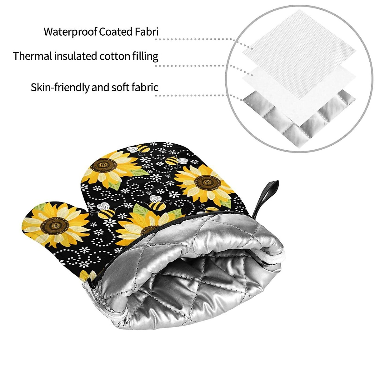 Sunflower Bees Oven Mitts and Pot Holders Sets of 4 High Heat Resistant Oven Mitts with Oven Gloves and Hot Pads Polyester Potholders for Kitchen Baking Grilling BBQ Non-Slip Cooking Mitts