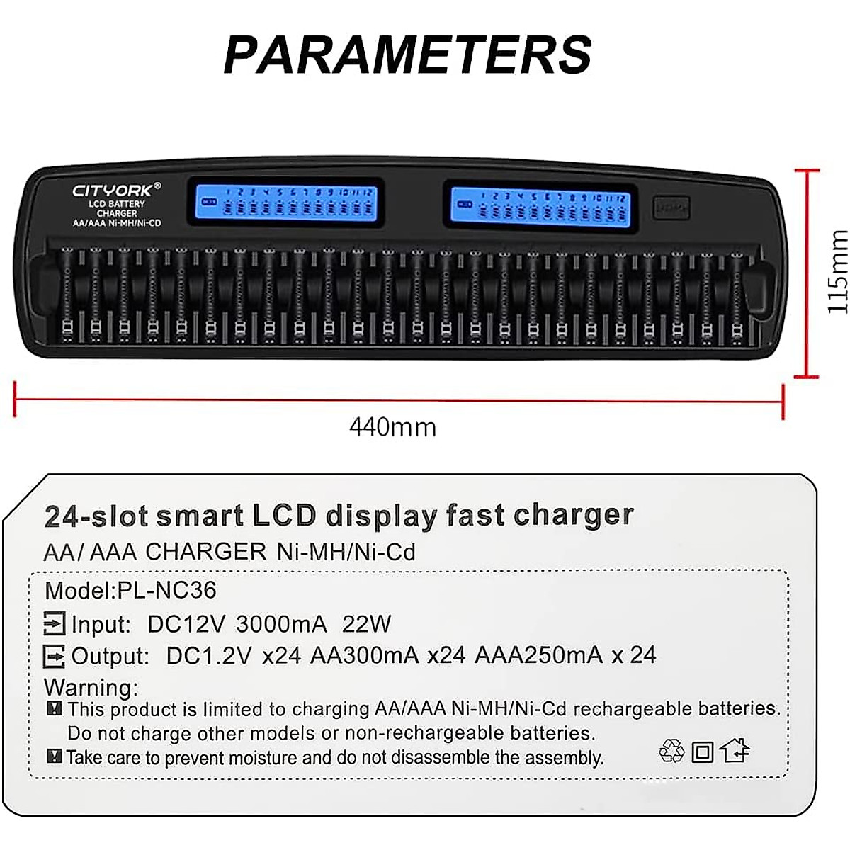 CITYORK 24 Bays Large Smart Battery Charger LCD Display Quick for 1.2V AA/AAA NiMH/NiCd Rechargeable Batteries with Built-in IC Protection & AC Wall Adapter