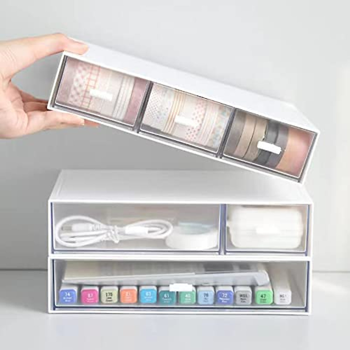 Stackable Desk Organizer with 6 Drawers, 3 Tier Plastic Desk Storage Box Desktop Drawers, Makeup Storage, Desk Organizer and Accessories for Desk, Cosmetic Skincare Storage Office School Home (White)