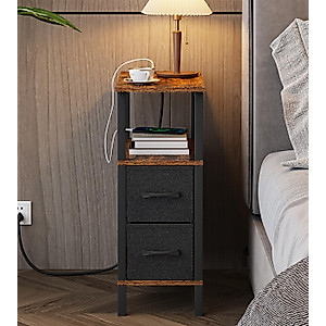 VIMBER Narrow Side Table for Small Spaces, Skinny End Table with Charging Station, Sofa Beside Table with 2 Drawers 1 Open Compartment, Slim Nightstand with USB Ports Outlet, Rustic and Brown UTBT004F
