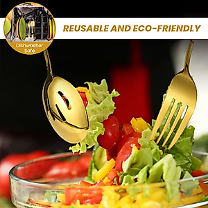 6 Pack Serving Spoons Set Includes 2 Serving Spoons 2 Slotted Serving Spoons and 2 Serving Forks Stainless Steel Buffet Dinner Restaurant Serving Spoons Set for Party Banquet, 8.7 Inch (Gold)