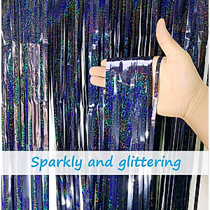 Vanujoy Iridescent Black Foil Fringe Backdrop Curtains 2024 Graduation Party Decoration - 2 Pack Tinsel Party Door Wall Curtain for Birthday Bachelorette Party Engagement Bridal Shower Baby Shower