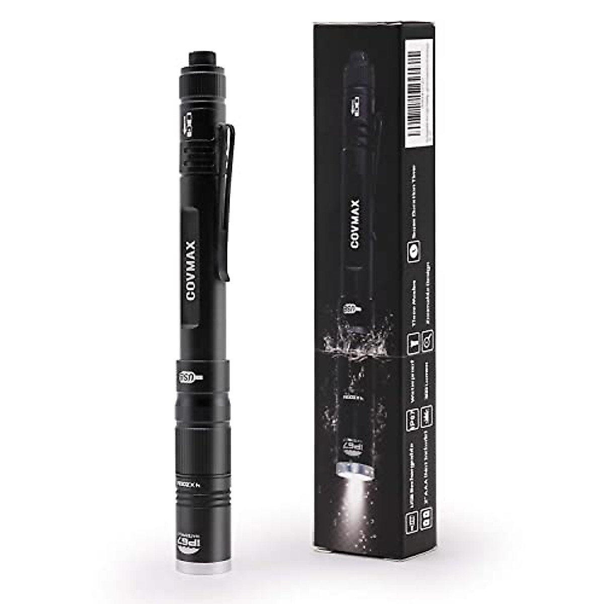 COVMAX Rechargeable Pen Light Flashlight IP67 Waterproof with Pocket Clip 4-Zoomable, Prefect for Inspection,Work,Repair