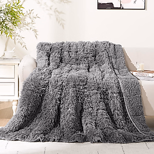 Cottonblue Faux Fur Reversible Sherpa Weighted Blanket 15lbs,Luxury Snugly Long Fur Warm Heavy Blanket 60x80 inches,Super Soft Fuzzy Fleece Blanket for Cold Days,Gray