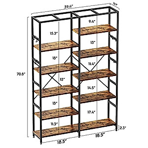 Monesti Bookshelf, 5 Tier Bookcase with 6 Hooks, Book Shelf for Bedroom, Living Room, Kitchen, Study and Home Office(Rustic Brown).