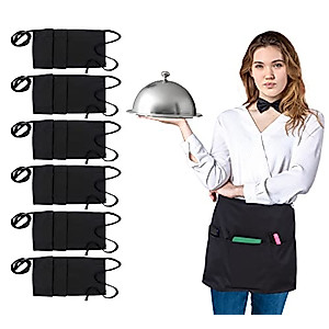 RUVANTI 6 Pack Server Aprons with 3 Pockets - Waitress Waiter Waist Apron, Half Apron with Long Waist Strap, Waitress Apron for Women and Man - Black Short Aprons