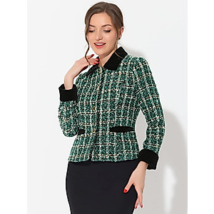 Allegra K Women's Elegant Vevelt Collared Tweed Blazer Jacket Coat Medium Green