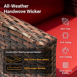 VONZOY Patio Furniture Set, 7 Pieces Outdoor Sectional Sofa Couch with Chairs, Ottomans and Comfy Cushions, All Weather Wicker Rattan Patio Conversation Set for Garden Backyard Wine Red