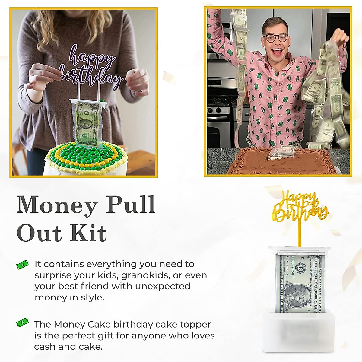 The Money Cake - Money Cake Pull Out Kit Includes 1 Money Box 2 Plastic Roll 40 Transparent Bag Connected Pocket Each, and 2 Surprise Cake Toppers for Birthday and Graduation Parties