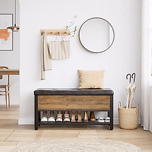 HOSTACK Storage Bench, Entryway Shoe Bench with Flip-Open Storage Box, End of Bed Ottoman Bench with Storage Shelf and Padded Seat for Bedroom, Hallway, Rustic Brown