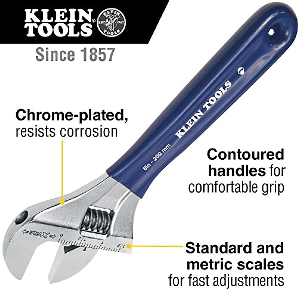 Klein Tools D509-8 Adjustable Wrench, Extra Wide Jaw Forged Drive Wrench with High Polish Chrome Finish, 8-Inch