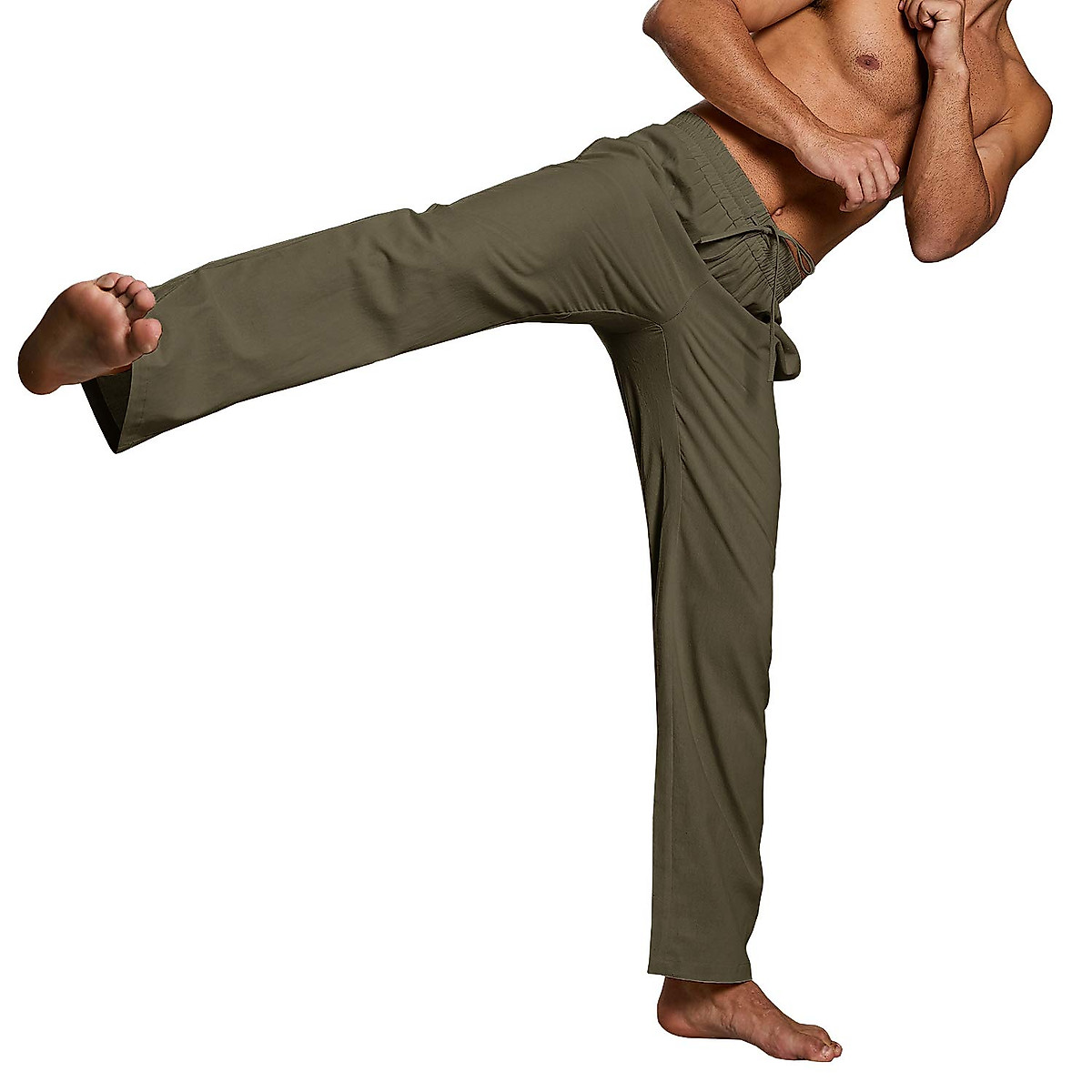 PASLTER Mens Casual Linen Pants Loose Fit Straight-Legs Elastic Drawstring Waist Summer Beach Yoga Long Pants