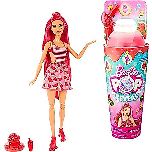 Barbie Pop Reveal Doll & Accessories, Watermelon Crush Scent with Red Hair, 8 Surprises Include Slime & Squishy Puppy