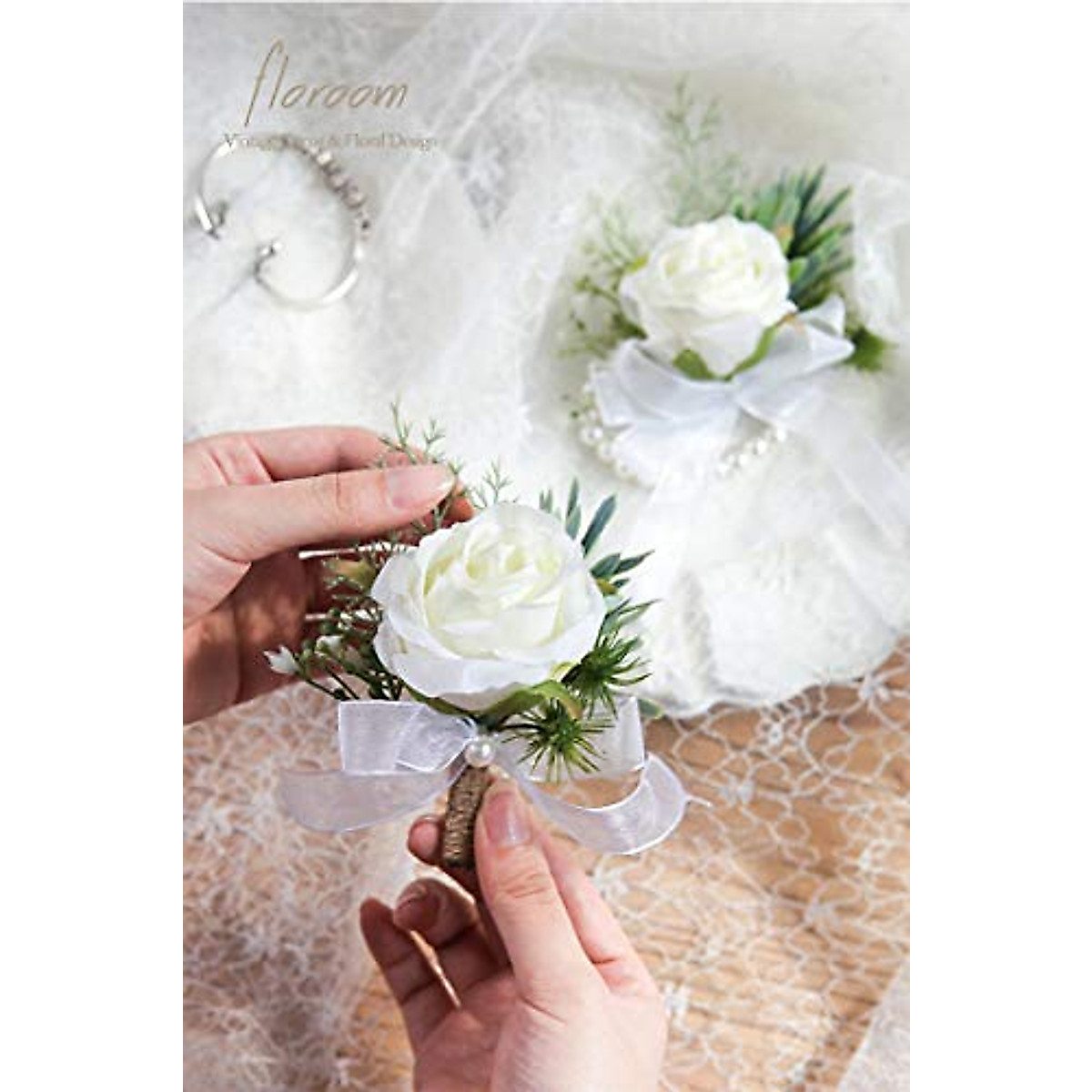 Floroom Ivory Rose Wrist Corsage Wristlet Band Bracelet and Men Boutonniere Set for White Wedding Flower Accessories Prom Suit Decorations