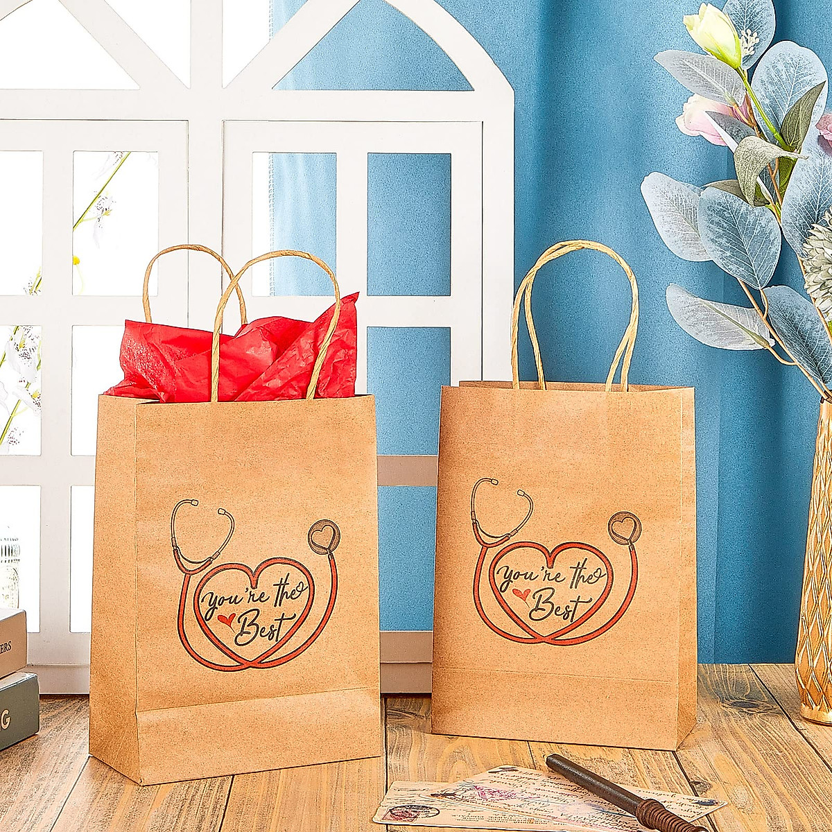 18 Brown Bags with Handles Reusable Brown Paper Gift Bags with 18 Sheet Tissue Papers Nurse Gift Bag Assorted Brown Paper Bags Nurses Week Bags Craft Bags for Nurse Party Supplies Shopping Boutique