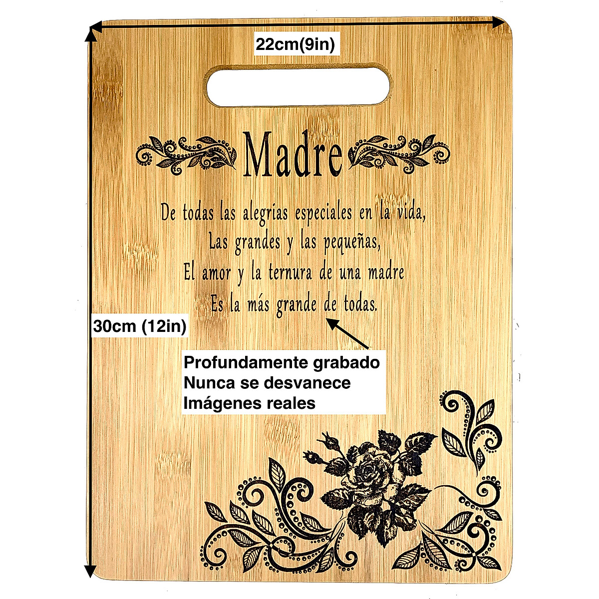 Gift for mom Spanish-Regalo para el mamá-Tabla de cortar de bambú grabada única-Mother gift in Spanish bamboo cutting board (22x30cm)