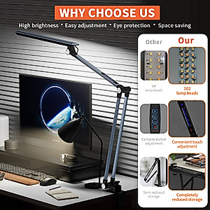 Reifeiniwei LED Desk Lamps,10 Color Modes 2700k-7000k Lighting and Stepless Dimming Modern Table Lamp for Monitor Studio Reading,Architect Clamp for Home Office Iron-Grey 15W…