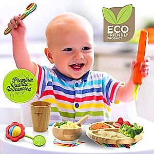 Nutrichef Baby and Toddler, 3 Compartment Plate, Bowl, Cup and Spoon Feeding Set- Silicon Suction, Non-toxic All Natural Bamboo Baby Food Plate (Stripe Set)