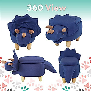 Critter Sitters 15-In. Seat Height Denim Blue Triceratops Dinosaur Animal-Shaped Storage Ottoman for Nursery, Bedroom, and Playroom, Multifunctional, Durable, and Fun Footstool for Kids and Toddlers