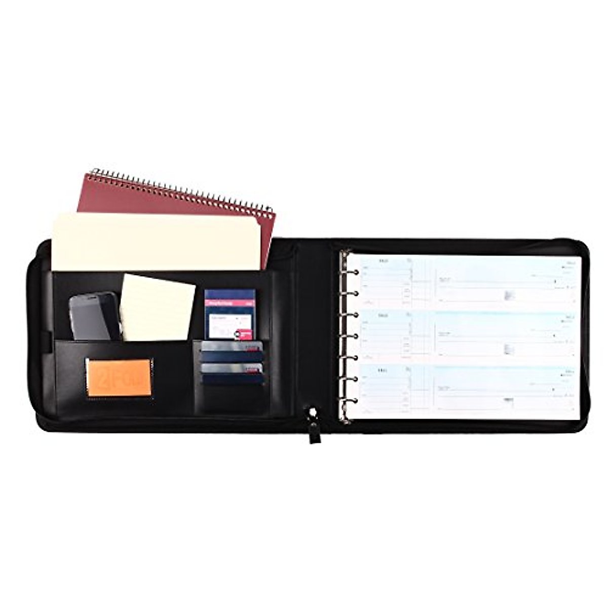 2Fold Zippered Business Check Binder 7 Ring for 3-Up Business Size Checks with Extra Business Card Case - PU Leather Deluxe 7 Ring Checkbook Binder Portfolio with 600 Check Capacity and Storage