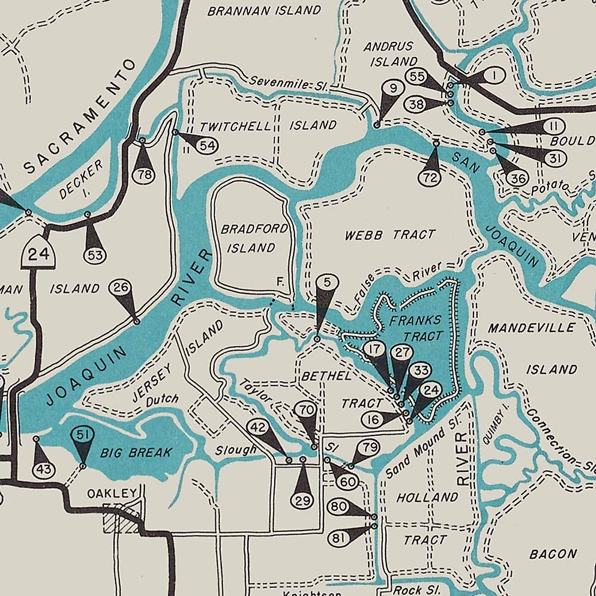 Map of Central California Striped Bass Fishing Grounds, Waterways, and Roads circa 1952 - from San Francisco to Stockton - Maps Inset Shows Boat Rentals (24 inches x 36 inches)