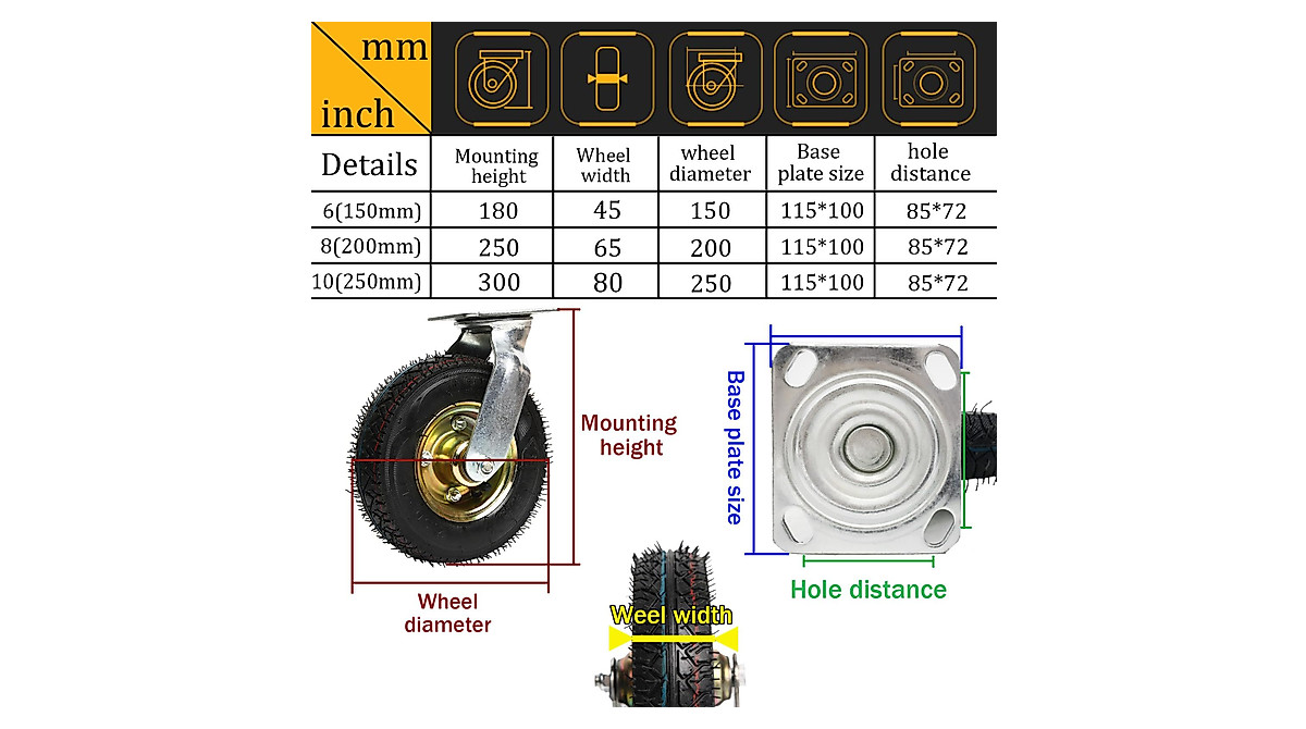 Heavy Duty Replacement Rubber Casters, Swivel Plate Caster, Pneumatic ...
