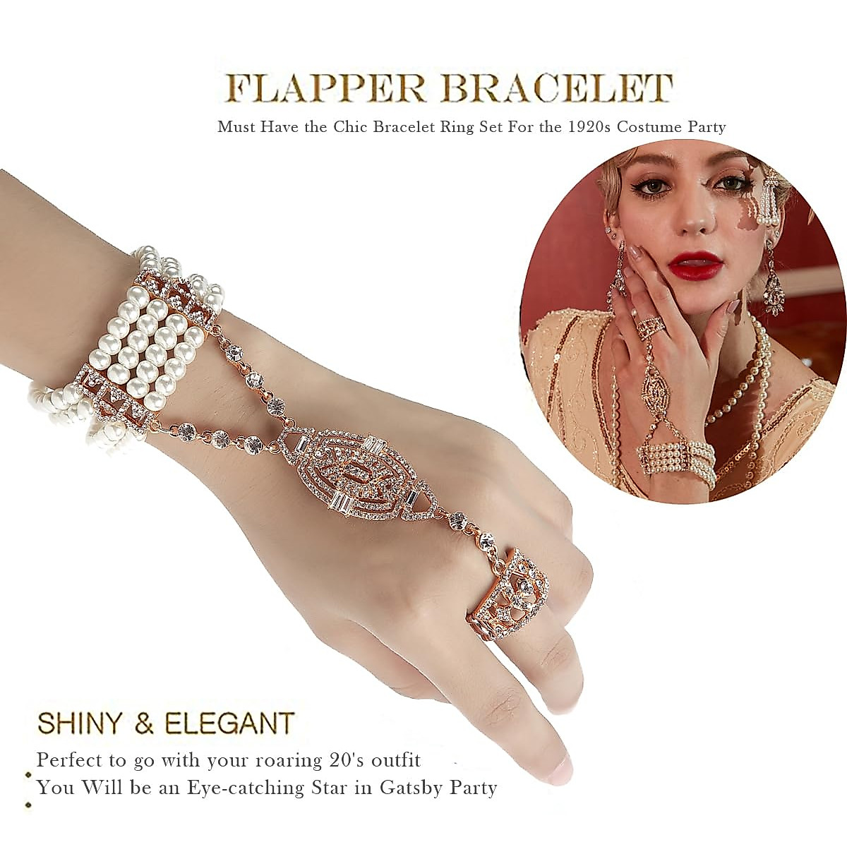 Metme 1920s Flapper Bracelet Ring Set Gatsby Accessories Imitation Pearl Crystal Bracelet Adjustable Ring