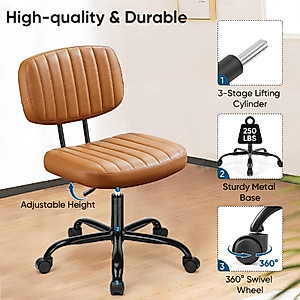 Armless Home Office Desk Chair -Small Ergonomic with Low Back Lumbar Support, Height Adjustable PU Leather Computer Task with 360° Swivel Rolling Wheels, for Small Space, Brown