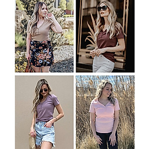 MEROKEETY Women's Short Sleeve V Neck Ribbed Knit Button T Shirts Henley Solid Color Summer Tops, Black, M