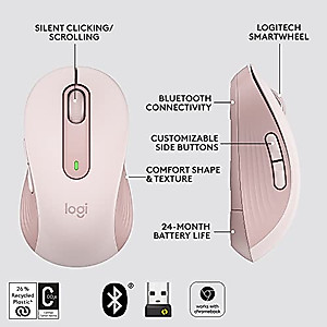 Logitech Signature M650 Wireless Mouse - For Small to Medium Sized Hands, 2-Year Battery, Silent Clicks, Customizable Side Buttons, Bluetooth, for PC/Mac/Multi-Device/Chromebook - Rose