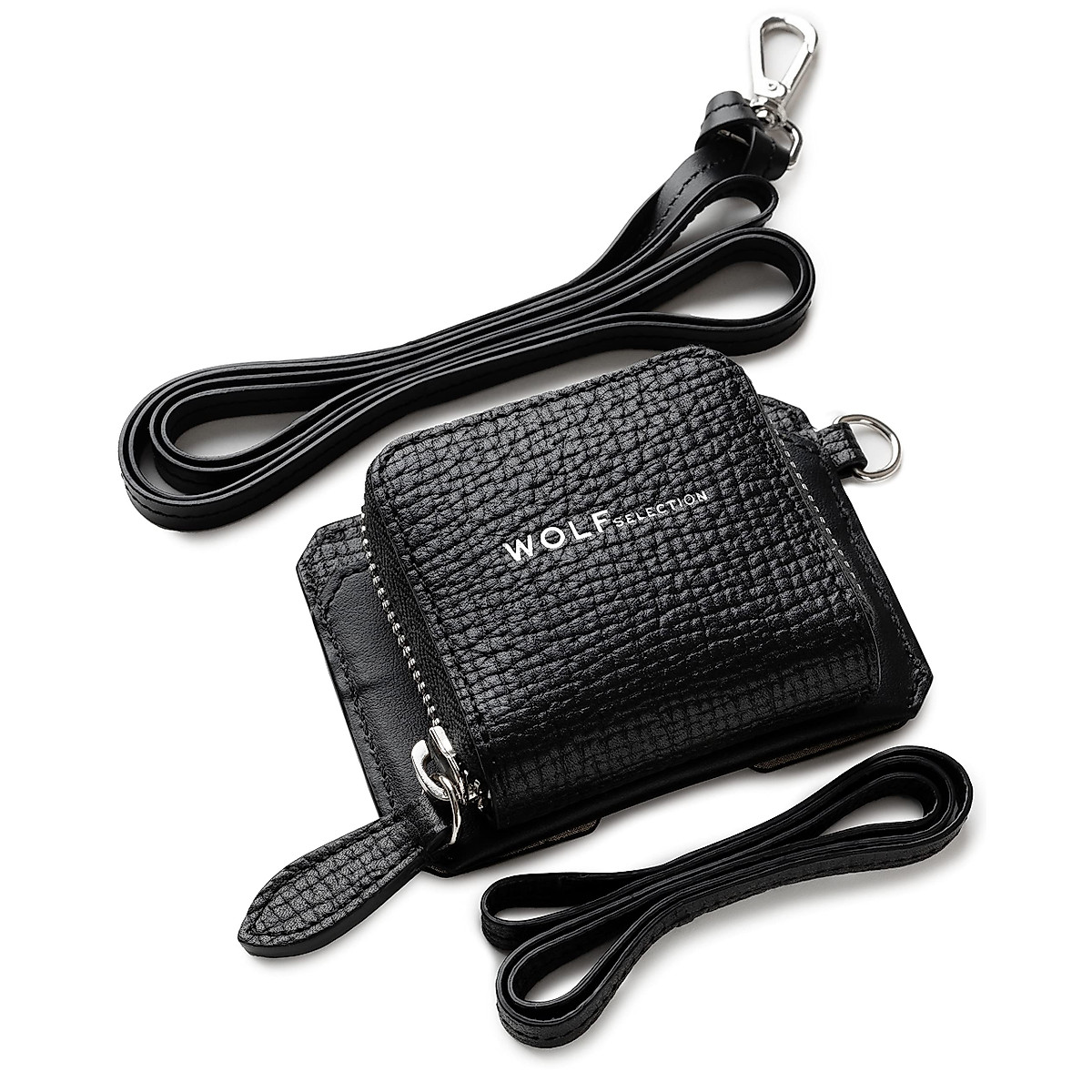 WOLFselection Mini Airpods Pouch - Genuine Leather Credit Card Holder with Zipper Case for AirPods Galaxy Buds Earphones - Mens Womens Wallets with Leather Lanyards for Neck and Wrist