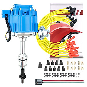 MAS HEI Ignition Distributor 65K Volt & Spark Plug Wire & Free Pigtail Wiring Harness Replacement for SBF Ford Small Block 260 289 302 1030213 PE330U（Blue Racing Kit)