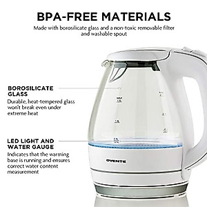 Ovente Portable Electric Glass Kettle 1.5 Liter with Blue LED Light and Stainless Steel Base, Fast Heating Countertop Tea Maker Hot Water Boiler with Auto Shut-Off & Boil Dry Protection (White)