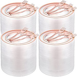 300 Pieces Plastic Dessert Plate Sets 150 Fork and 150 Small Clear Cake Plate Rim Disposable Plate Round Plastic Dessert Party Plate 6 Inch Fancy Salad Plate Appetizer Plate for Wedding (Rose Gold)