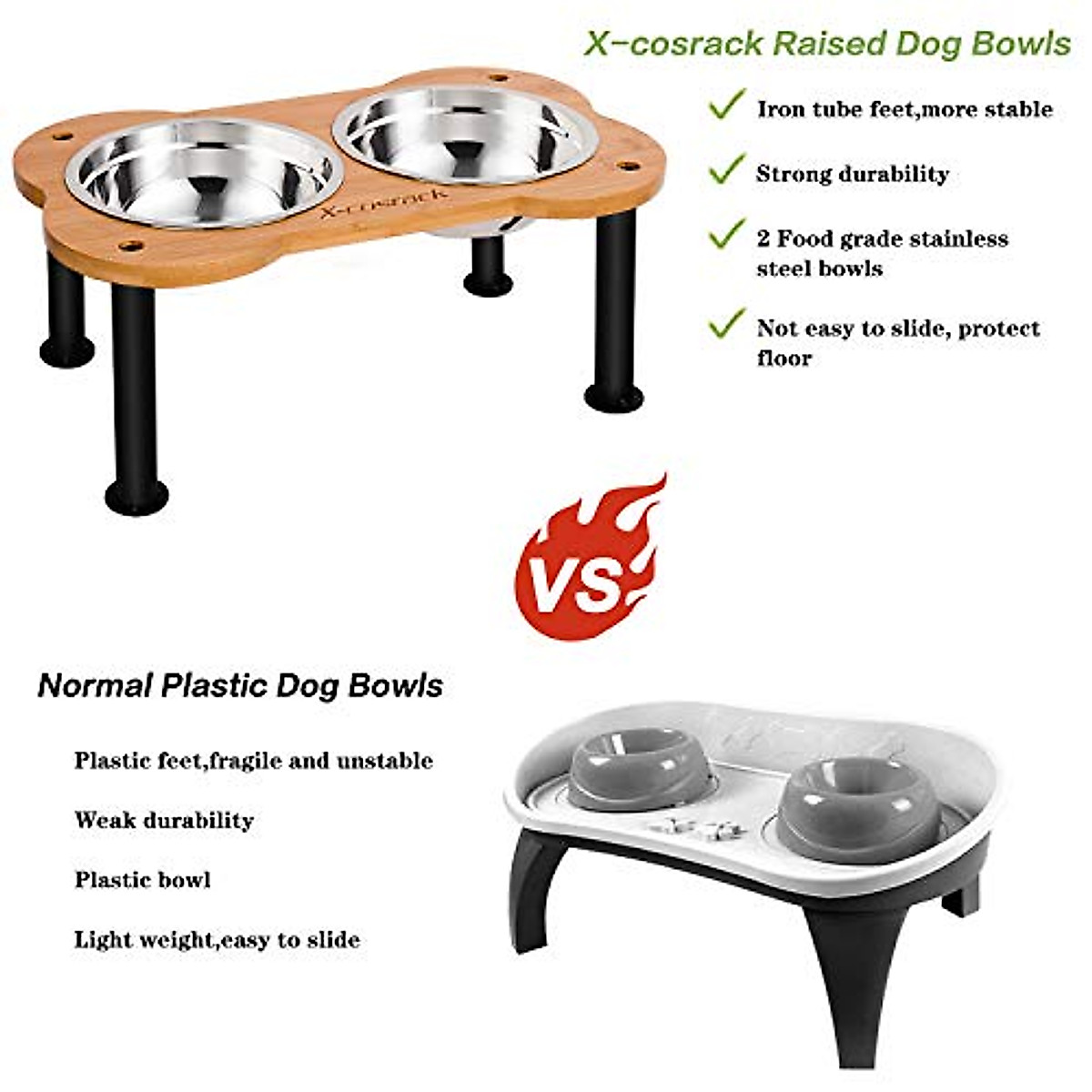 Elevated Dog Bowls, Unique Bone Shape Bamboo Raised Pet Bowls& Cats Dogs Food and Water Stand Pet Feeder, with 2-Pack Stainless Steel Bowls, for Pets Medium Dogs Cats, 16.46” W x 9.84” D x 7.09” H