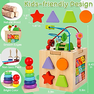 Kizfarm 8-in-1 Activity Cube Wooden Montessori Toys for 1+ Year Old, Bead Maze Shape Sorter Developmental Learning Toys, Bonus Sorting & Stacking Toys for 12M+ Toddlers, Gift Packaging