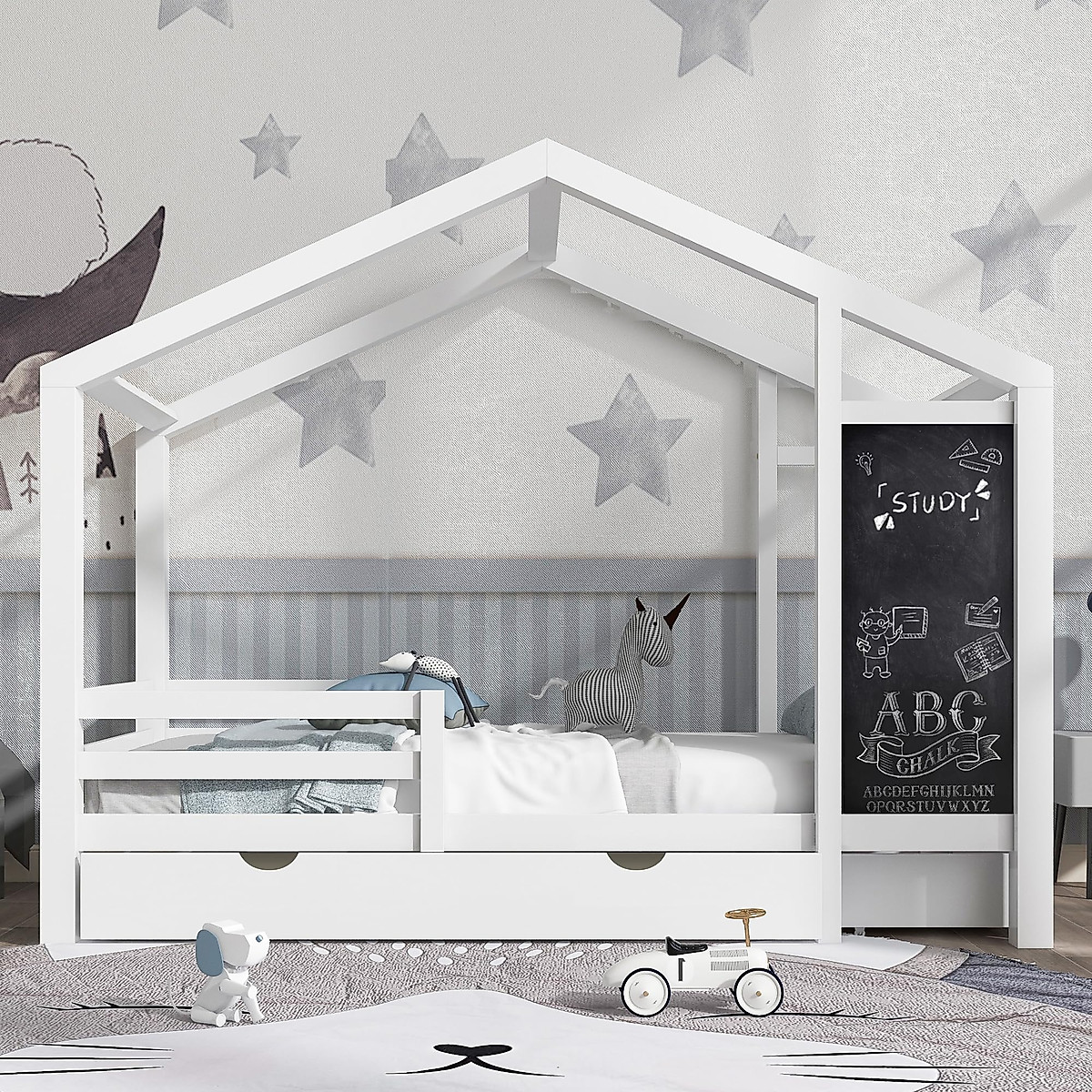 DNYN Twin Size House Bed with Storage Drawers for Kid Bedroom,Solid Wood Platfrom Bedframe w/Blackboard Design,Super Save Space & No Box Spring Needed, White