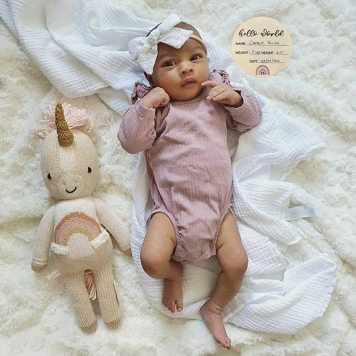 Birth Announcement Sign - Hello World Newborn Sign - Celebrate The Arrival of Your Baby with This Baby Annoucement Sign - Record Birth Details on This Round Wooden Disc - Baby Name Announcement Sign