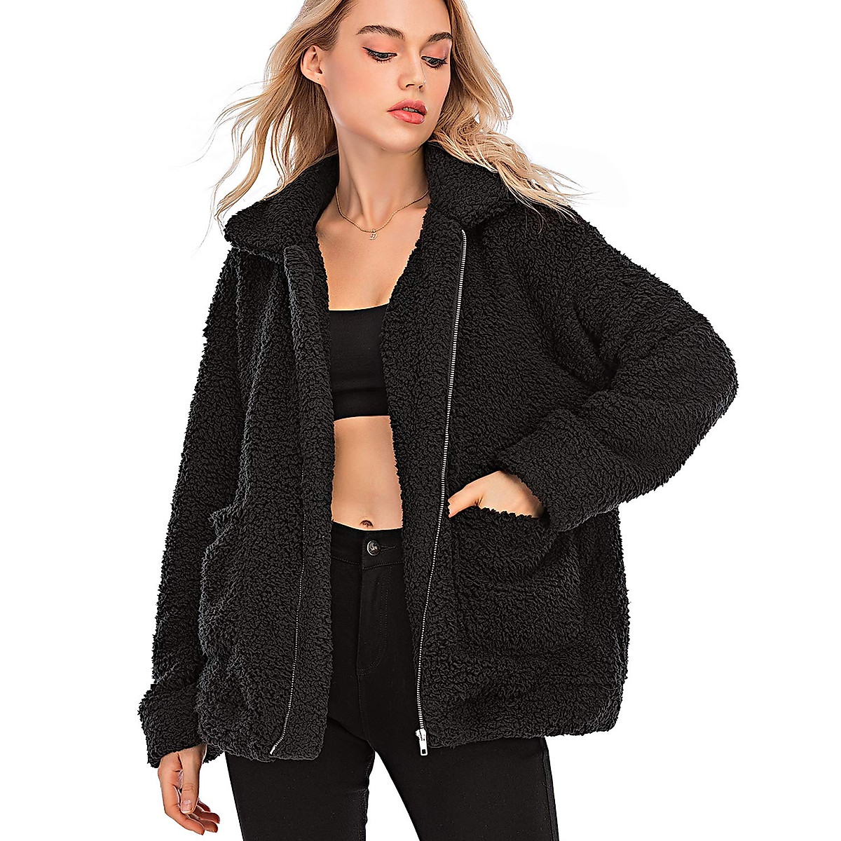 Women's Coat Casual Lapel Fleece Fuzzy Faux Shearling Zipper Coats Warm Winter Oversized Outwear Jackets (Black,XL)
