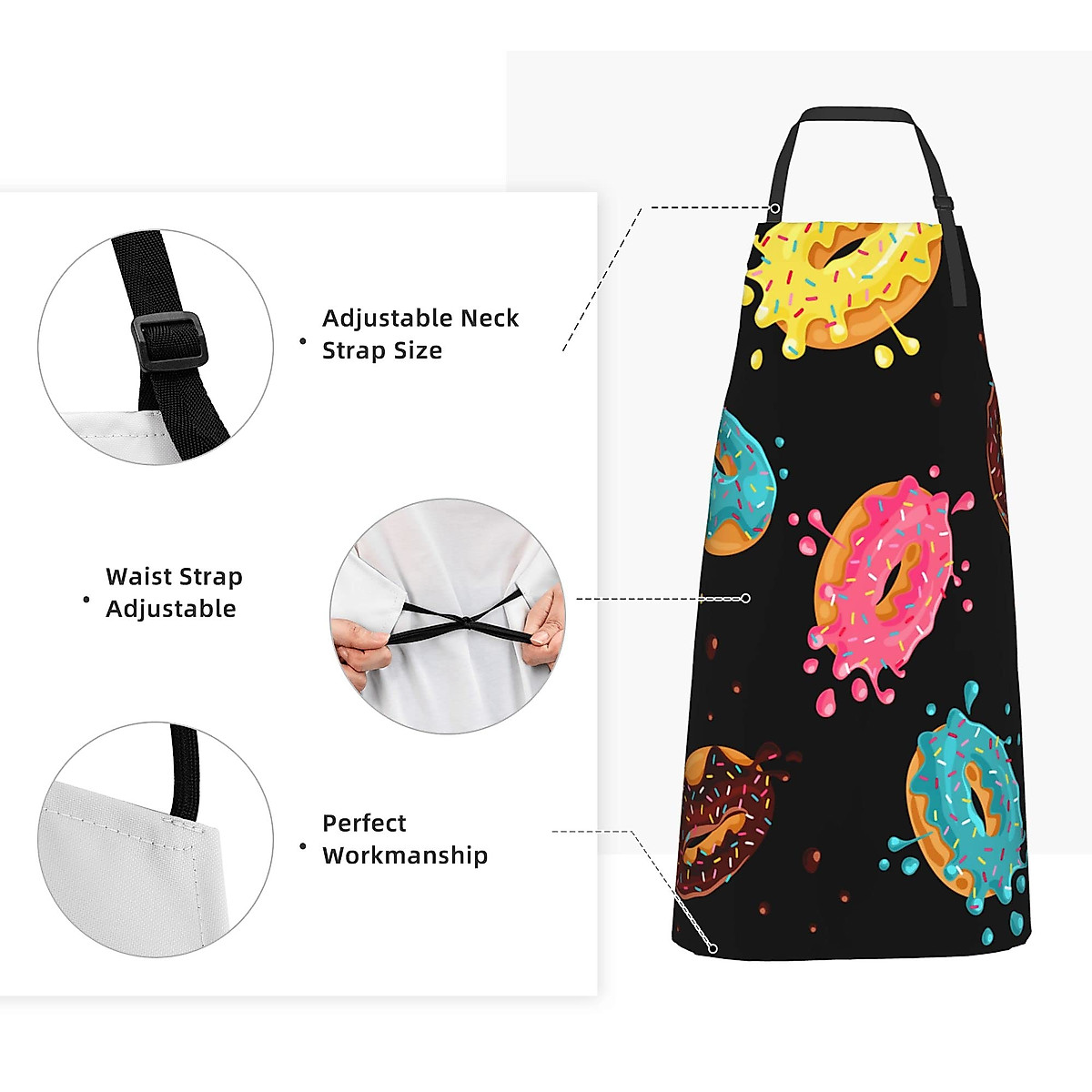 Gkyygk Donuts Gardening Aprons for Women, with Pink Splashes of Colored Sprinkles Art Aprons for Women Cute Adjustable Neck & Long Ties for Mens Adults Waitress Baker Waterproof Bib, Blue Black