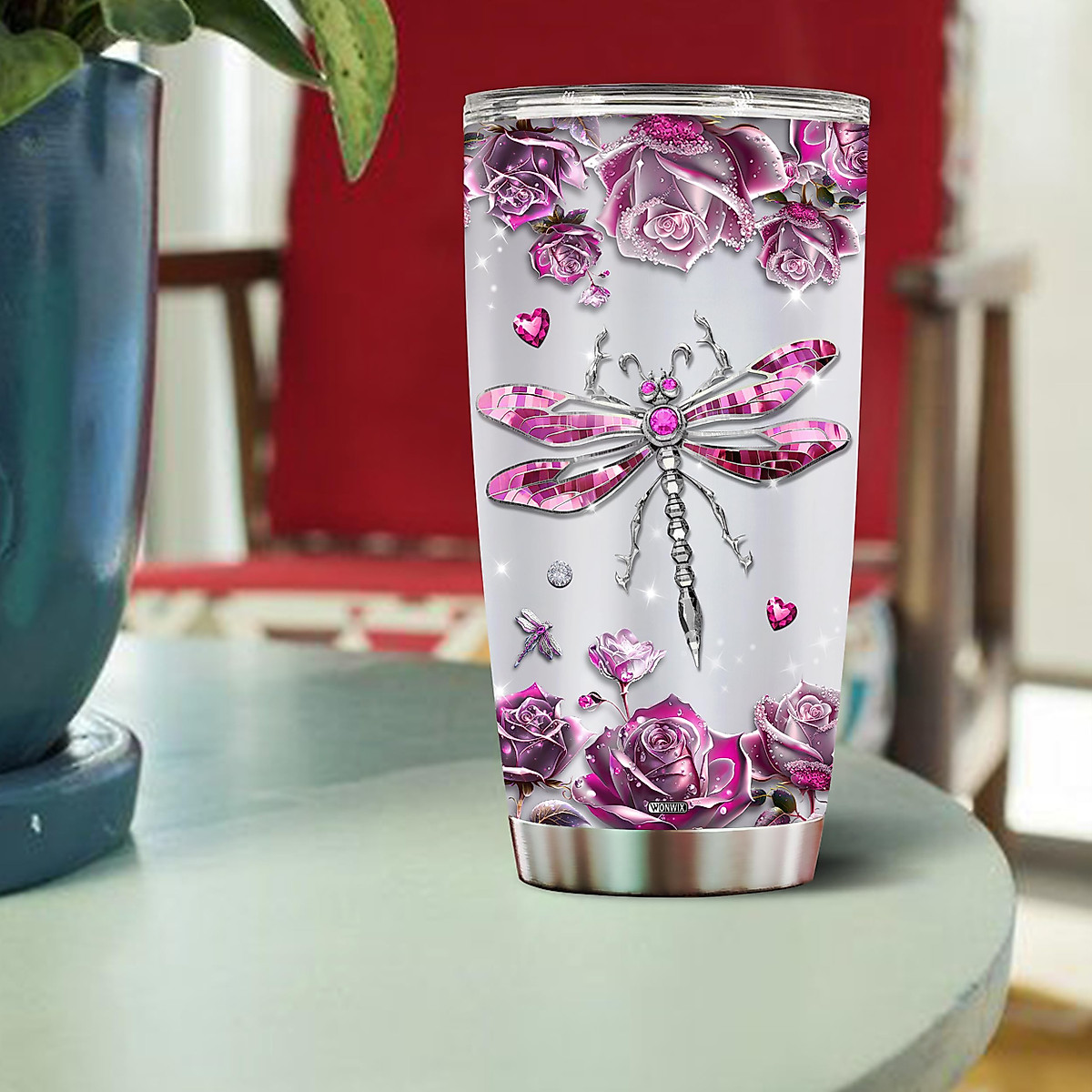 WONWIX Personalized Dragonfly Coffee Mug Cups Gifts For Women Unique Mom, Purple Dragonflies Water Bottle Mothers Day Birthday Christmas Valentine 20oz Stainless Steel Thermos Tumbler Cup With Lid