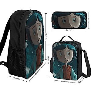 Zqiyhre Cora Backpack 3 PCS Set, Printing Anime Travel Laptop Backpack Pencil Case Lunch Bag for Students